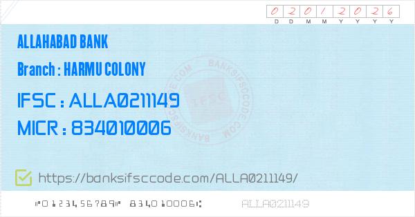 Allahabad Bank Harmu Colony Branch IFSC Code - Ranchi, ALB Harmu Colony ...