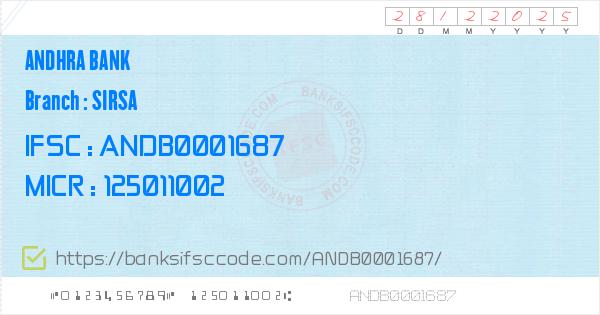 Andhra Bank Sirsa Branch IFSC Code - Sirsa. Contact Phone Number, Address