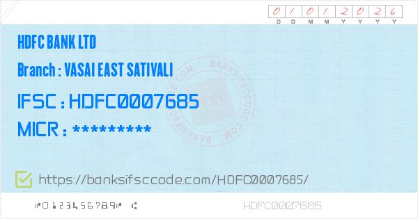Hdfc Bank Ltd Vasai East Sativali Branch IFSC Code - Palghar. Contact ...
