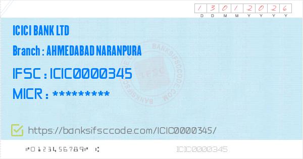 Icici Bank Ltd Ahmedabad Naranpura Branch MICR Code - Ahmedabad