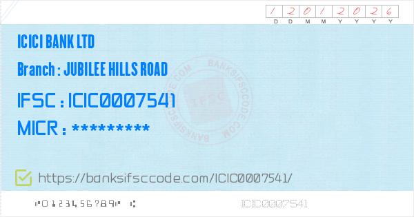 Icici Bank Ltd Jubilee Hills Road Branch MICR Code - Hyderabad