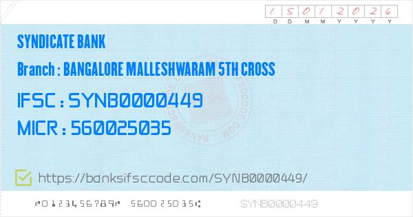 Syndicate Bank Bangalore Malleshwaram 5th Cross Branch IFSC Code ...