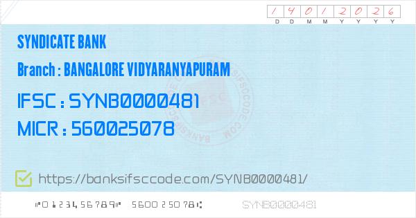 Syndicate Bank Bangalore Vidyaranyapuram Branch IFSC Code - Bangalore ...