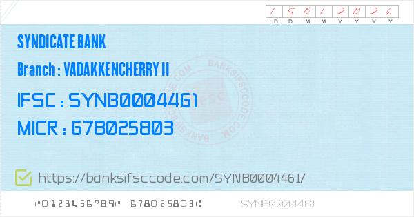 Syndicate Bank Vadakkencherry Ii Branch IFSC Code - Palakkad. Contact ...