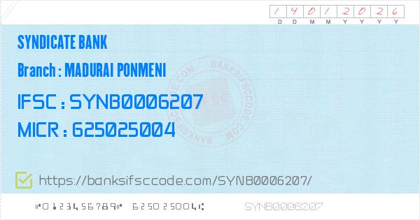 Syndicate Bank Madurai Ponmeni Branch IFSC Code - Madurai. Contact ...