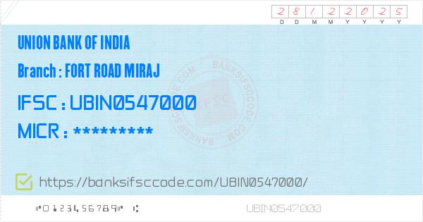 Union Bank of India Fort Road Miraj Branch IFSC Code - Sangli, UBI Fort ...